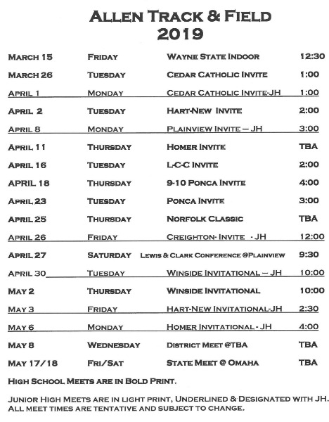 Allen Consolidated Schools - 2019 EAGLE TRACK SCHEDULE